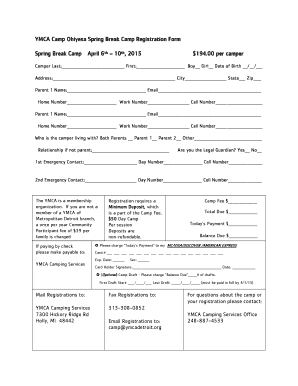 Fillable Online YMCA Camp Ohiyesa Spring Break Camp Registration Form ...