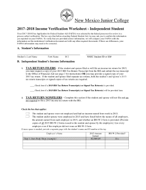 Fillable Online 2017-2018 Income Verification Worksheet - Independent Student Fax Email Print ...