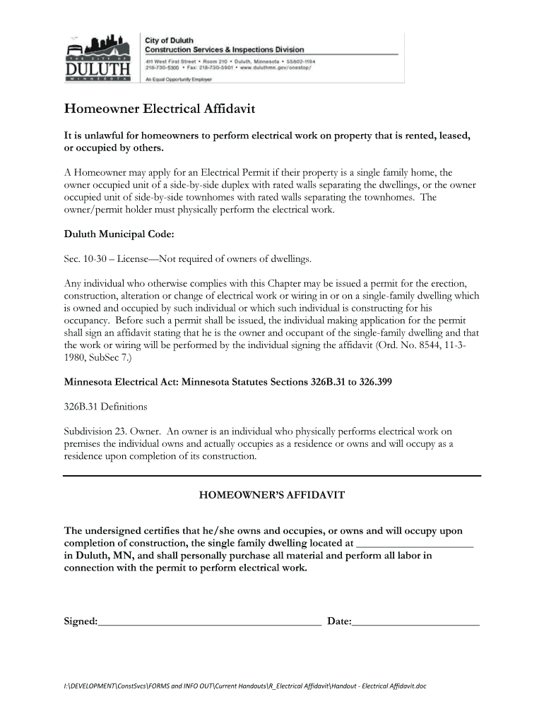 Fillable Online Homeowner Electrical Affidavit Fax Email Print - pdfFiller