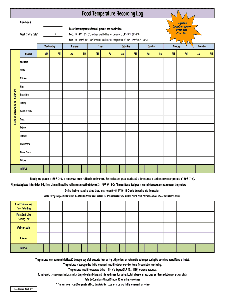 Food Temperature Recording Log Fill Online Printable Fillable 