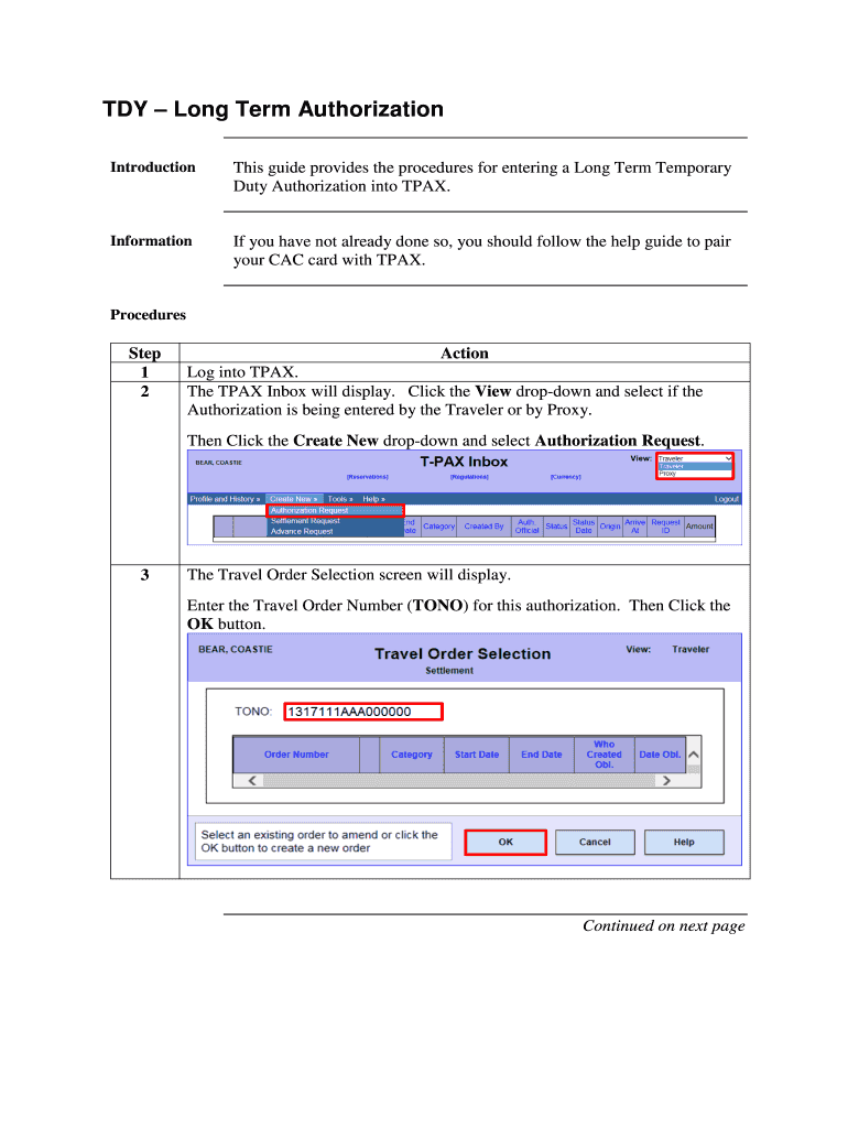 Fillable Online TDY Long Term Authorization Fax Email Print - pdfFiller
