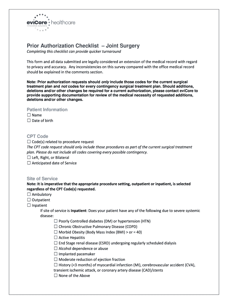 Fillable Online Prior Authorization Checklist Joint Surgery Fax Email Print - pdfFiller