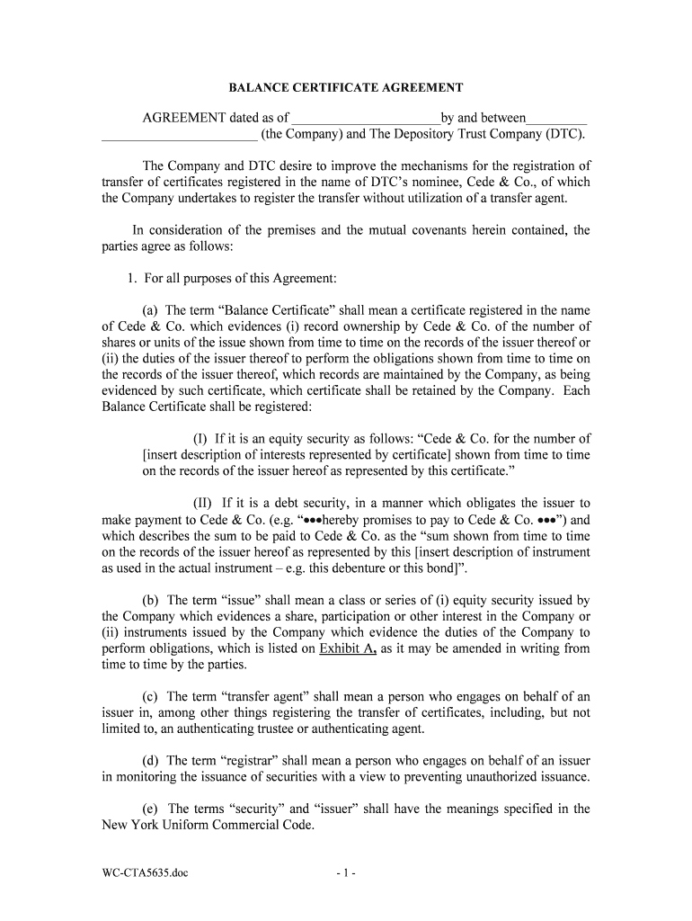 Fillable Online BALANCE CERTIFICATE AGREEMENT Fax Email Print - pdfFiller