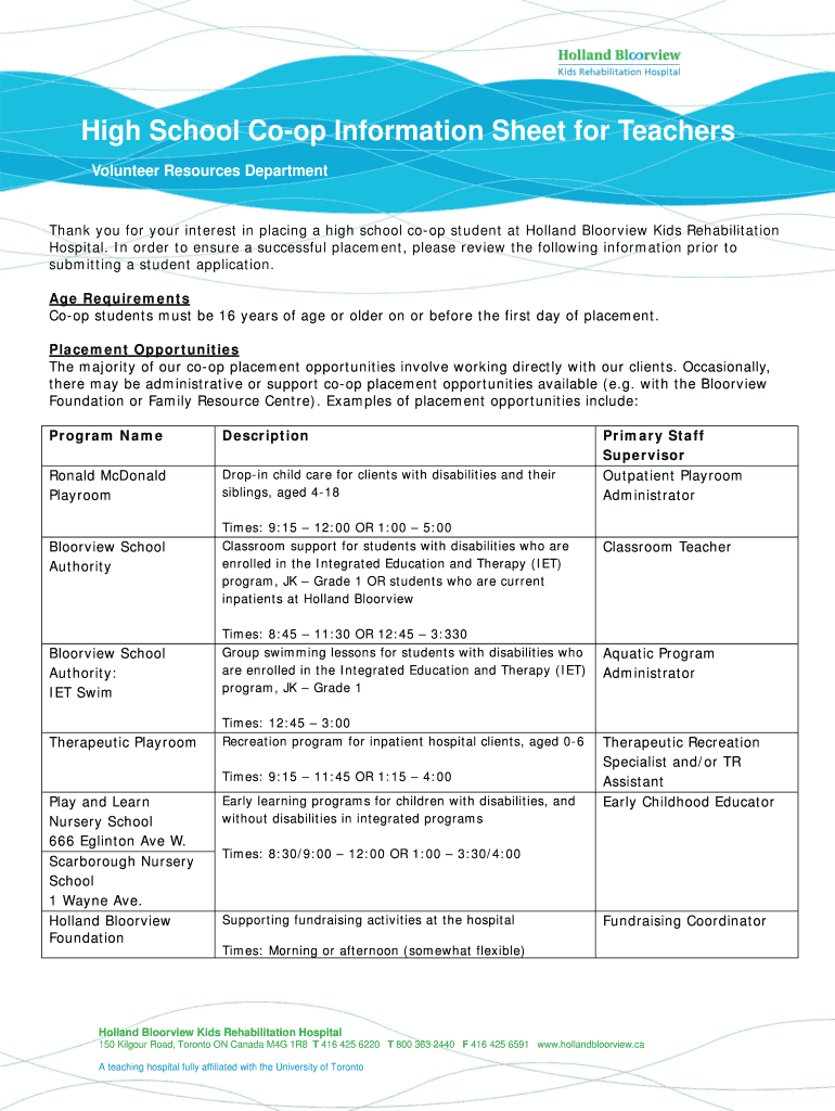 Fillable Online High School Co-op Information Sheet for Teachers Fax ...