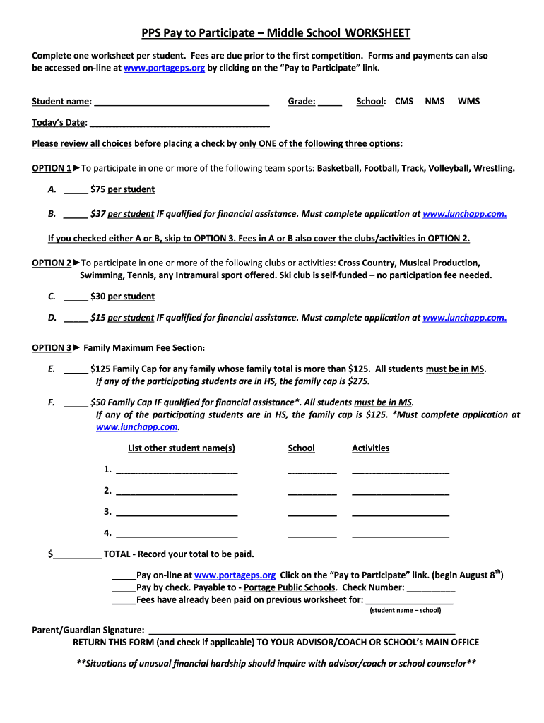 Fillable Online PPS Pay to Participate Middle School WORKSHEET Fax ...