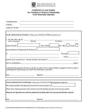 Fillable Online Stipend Claim Form Honours Vacation Fax Email Print ...