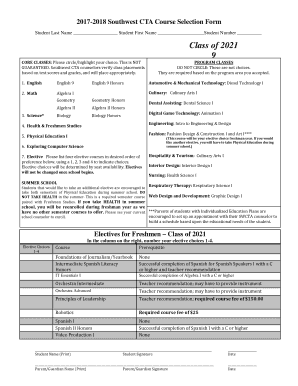 Fillable Online 2017-2018 Southwest CTA Course Selection Form Fax Email ...