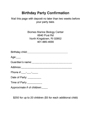 Fillable Online Birthday Party Conrmation Fax Email Print - pdfFiller