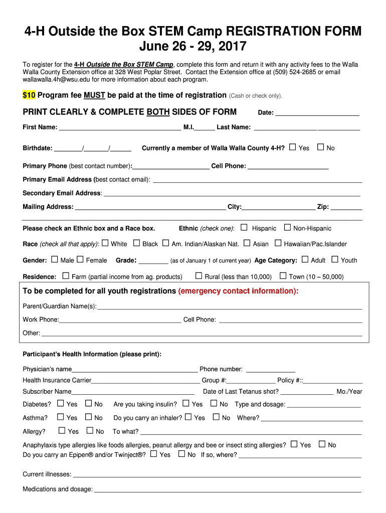 Fillable Online To register for the 4-H Outside the Box STEM Camp, complete this form and return ...