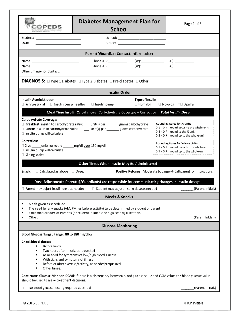 Fillable Online Diabetes Management Plan for Fax Email Print - pdfFiller