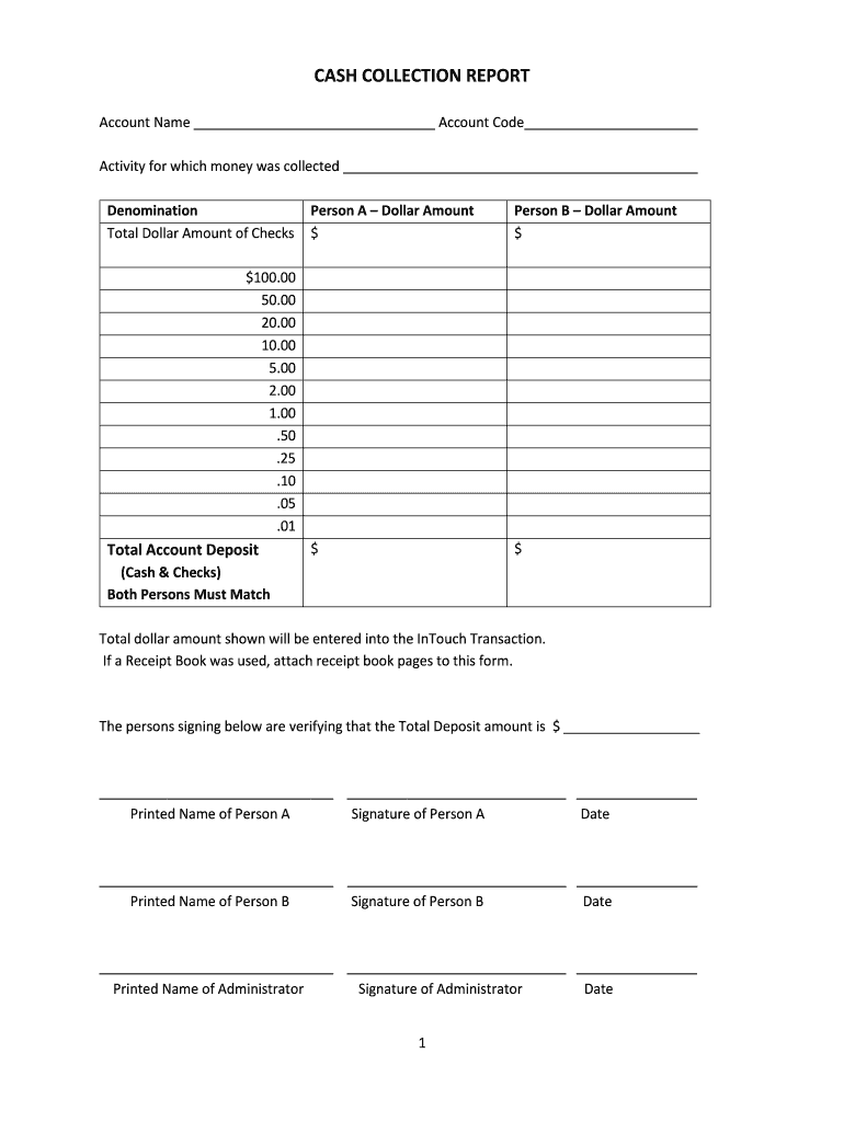 Fillable Online CASH COLLECTION REPORT Fax Email Print - pdfFiller