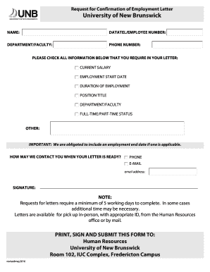 Fillable Online Request for Confirmation of Employment Letter Fax Email ...