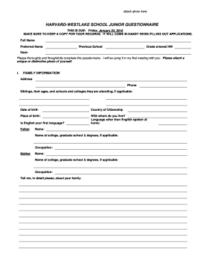 Fillable Online HARVARD-WESTLAKE SCHOOL JUNIOR QUESTIONNAIRE Fax Email ...