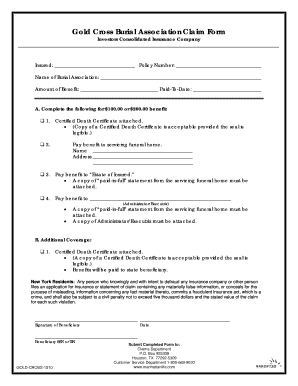 Fillable Online Gold Cross Burial Association Claim Form Fax Email ...