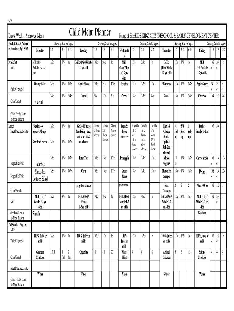 Fillable Online Week #1 Child Care Food Program MenuName of Center Fax ...