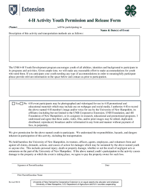Fillable Online 4-H Activity Youth Permission and Release Form Fax ...