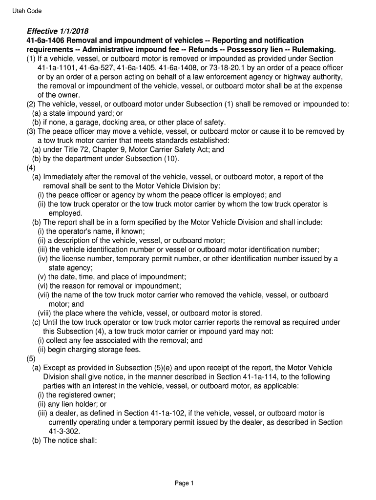 Fillable Online 41-6a-1406 Removal and impoundment of vehicles ...