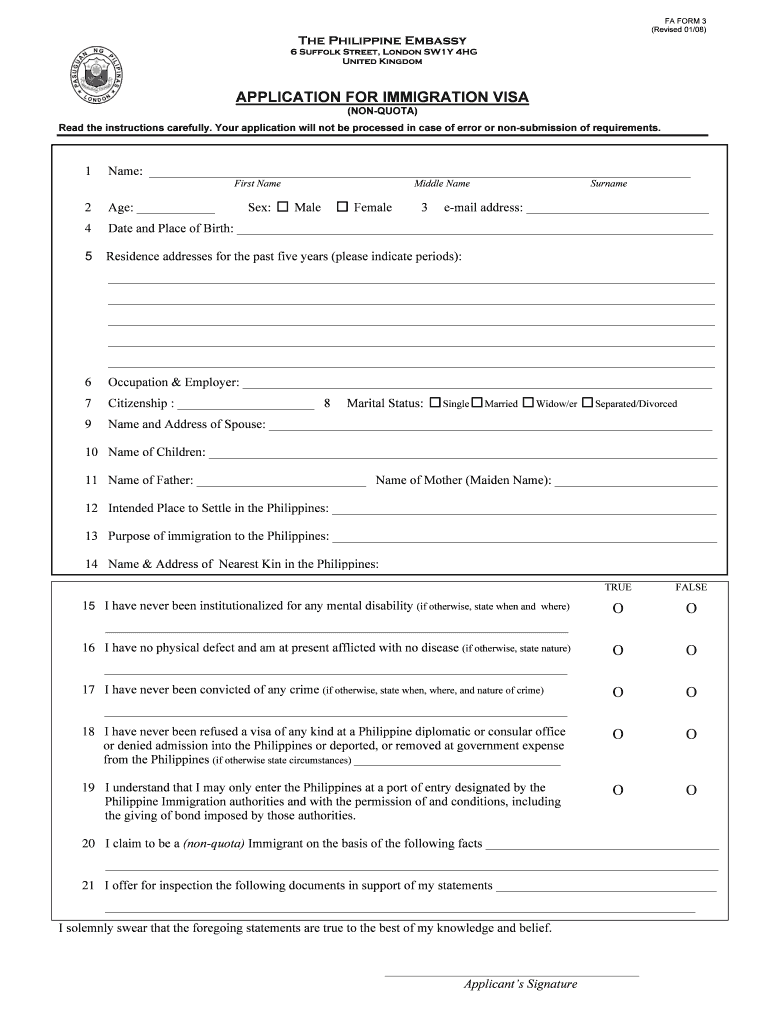 Fillable Online NON-QUOTA IMMIGRANT VISA TO THE PHILIPPINES Fax Email ...