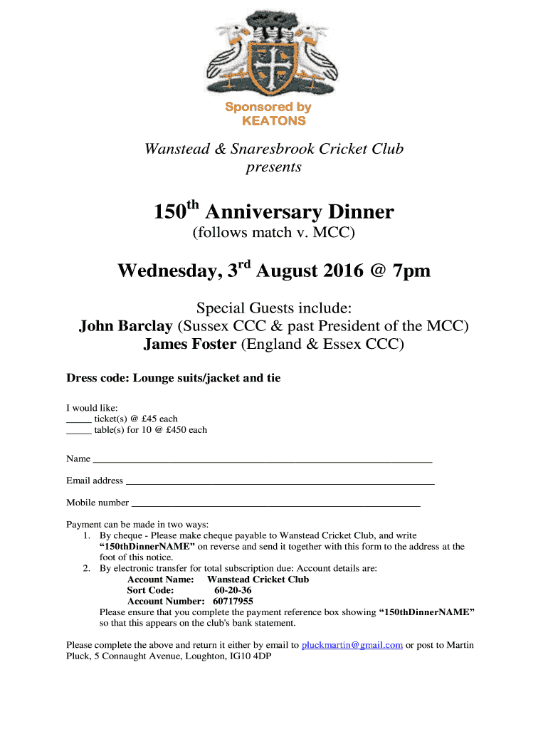 Fillable Online Wanstead & Snaresbrook Cricket Club Fax Email Print ...