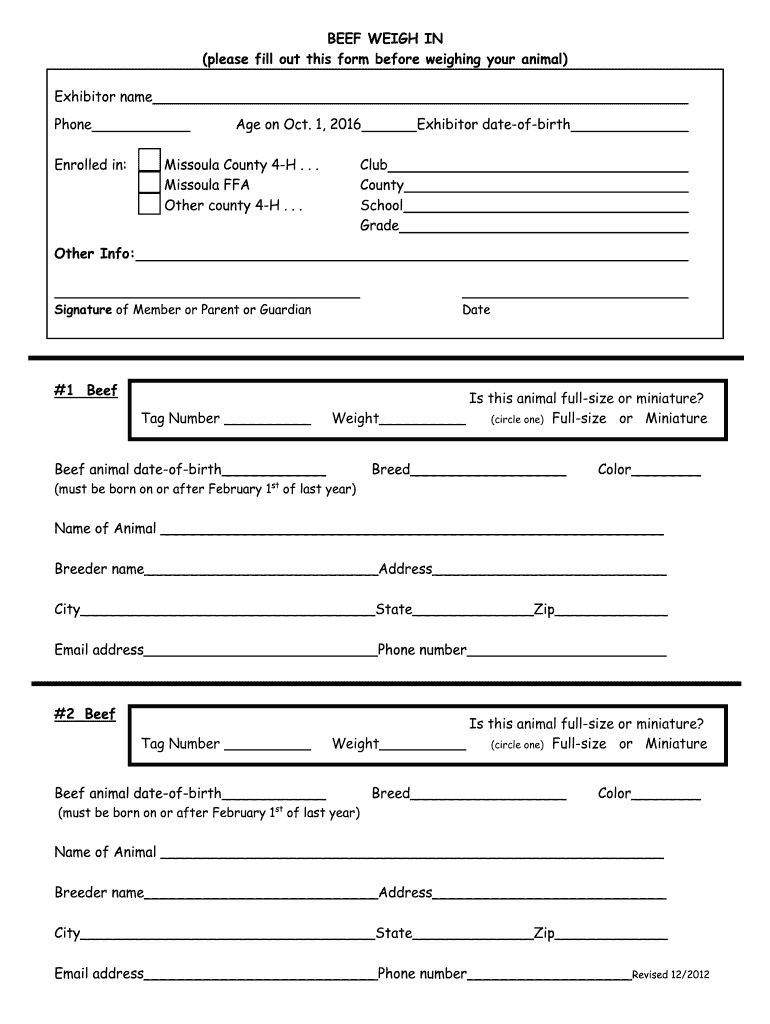 Fillable Online BEEF WEIGH IN Fax Email Print - pdfFiller