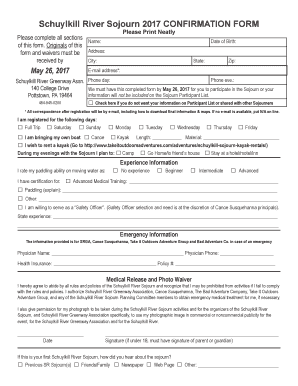 Fillable Online Schuylkill River Sojourn 2017 CONFIRMATION FORM Fax ...