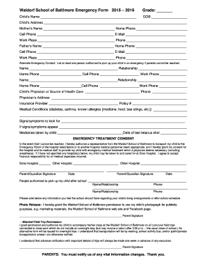 Fillable Online Waldorf School of Baltimore Emergency Form 20152016 Fax ...