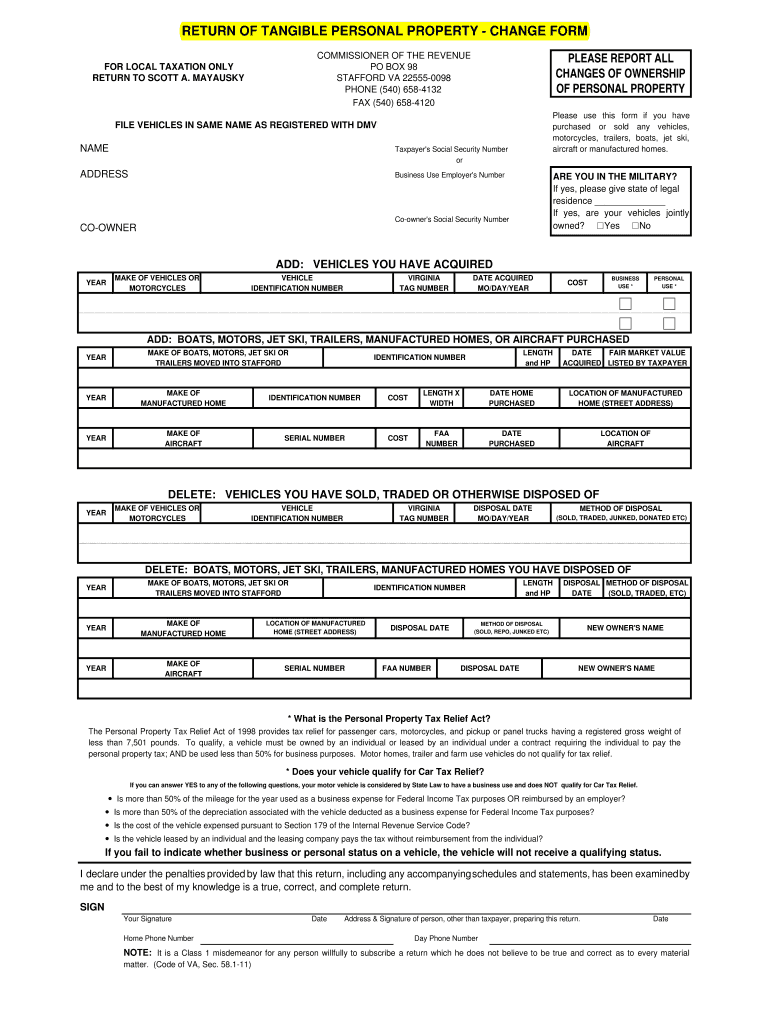 Fillable Online RETURN OF TANGIBLE PERSONAL PROPERTY - CHANGE FORM Fax ...