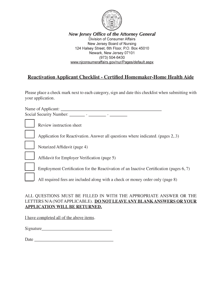 Fillable Online Reactivation Applicant Checklist - Certified Homemaker ...
