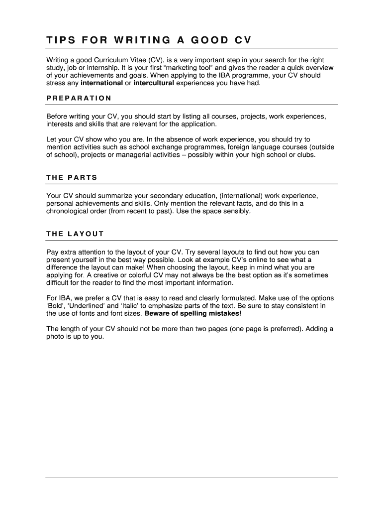 Fillable Online TIPS FOR WRITING A GOOD CV Fax Email Print - pdfFiller