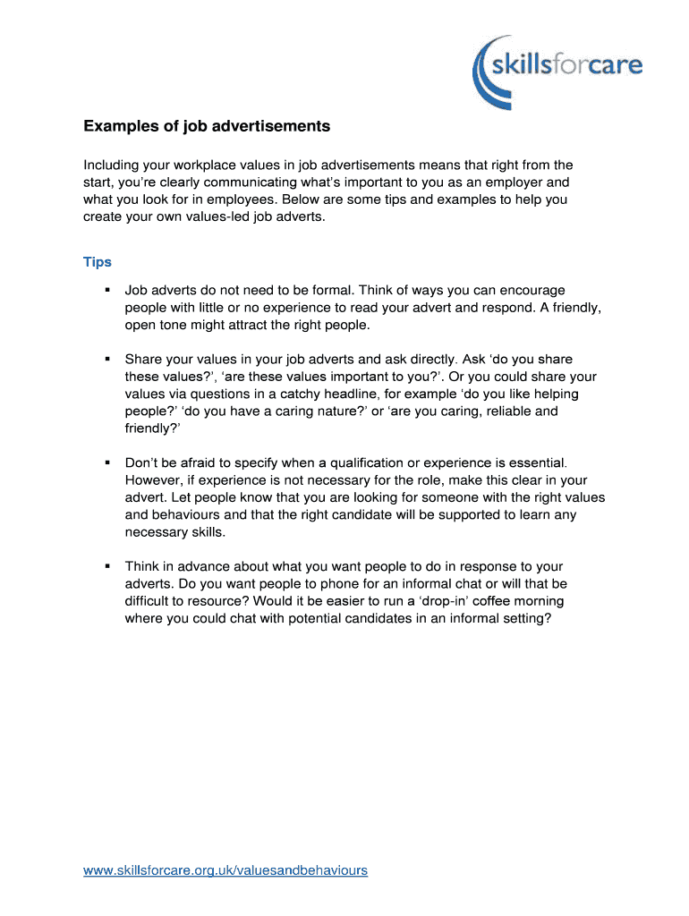 Fillable Online Examples of job advertisements Fax Email Print - pdfFiller