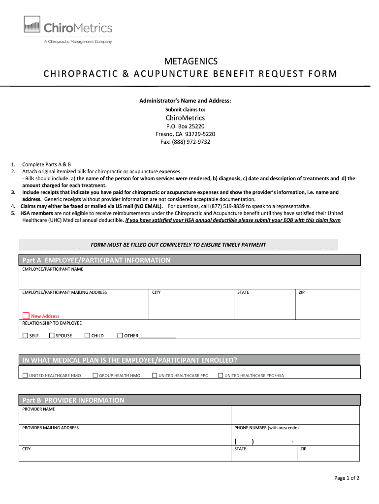 Fillable Online CHIROPRACTIC & ACUPUNCTURE BENEFIT REQUEST FORM Fax ...