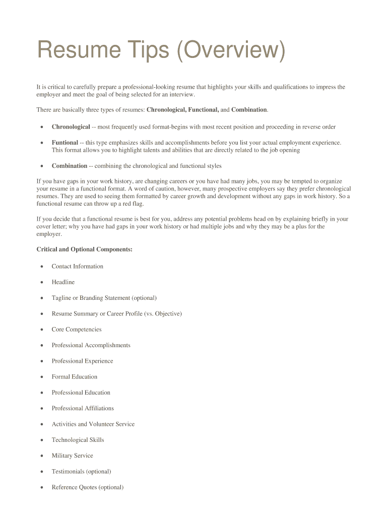 Fillable Online Resume Tips (Overview) Fax Email Print - pdfFiller