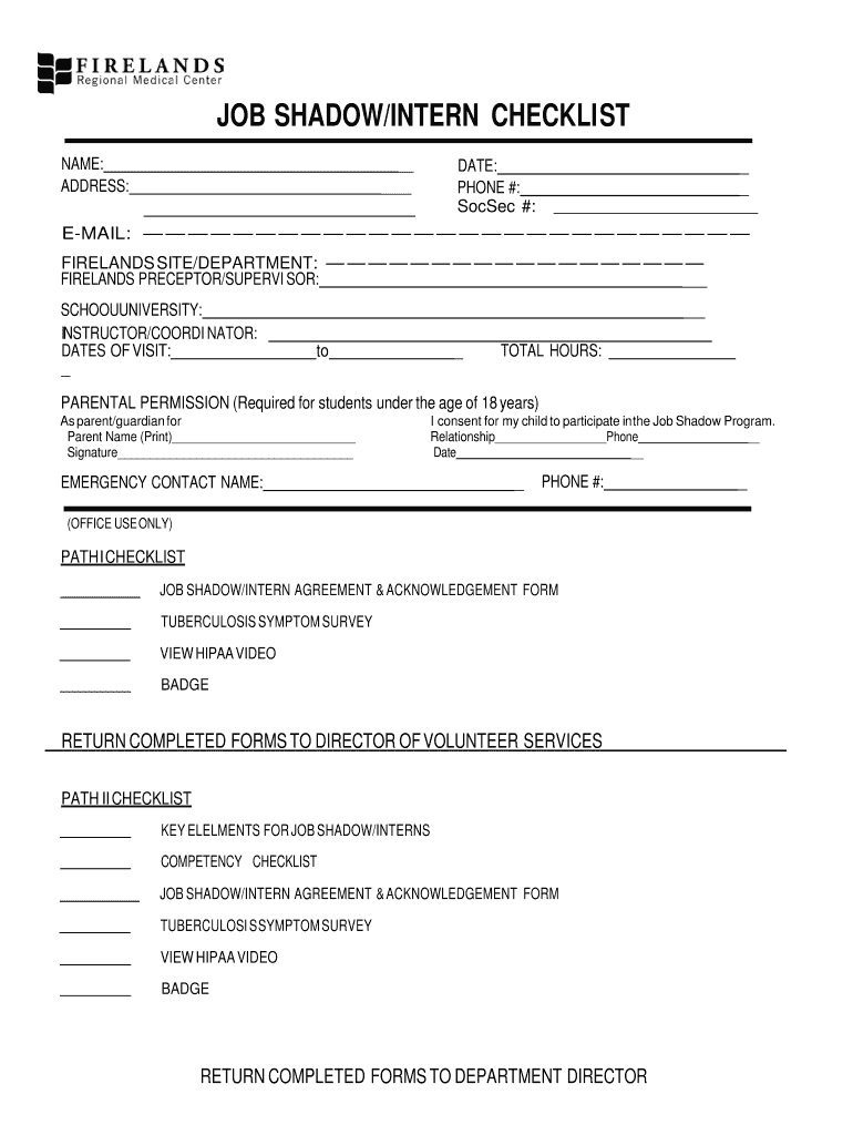 Fillable Online JOB SHADOW/INTERN CHECKLIST Fax Email Print - pdfFiller