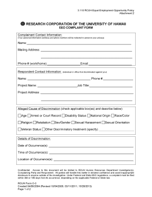 Fillable Online O-3 RCUH EEO Complaint Form Fax Email Print - pdfFiller