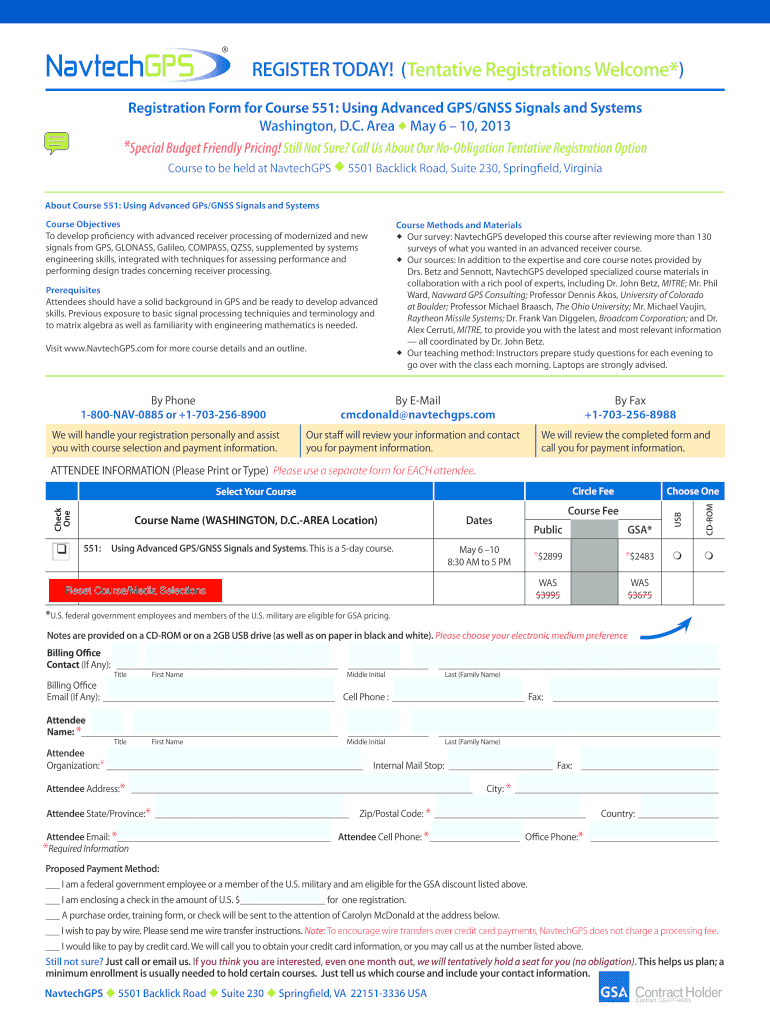 Fillable Online Registration Form for Course 551 Using Advanced GPSGNSS Signals and Systems Fax ...
