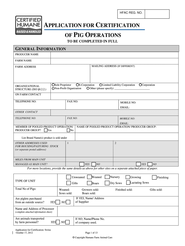 Fillable Online certifiedhumane Producer bApplicationb Swine Pigs ...
