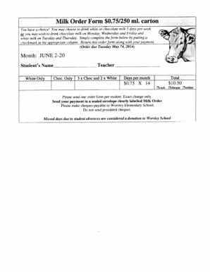 Fillable Online worsley edublogs June 2014 Milk Order form - Worsley ...