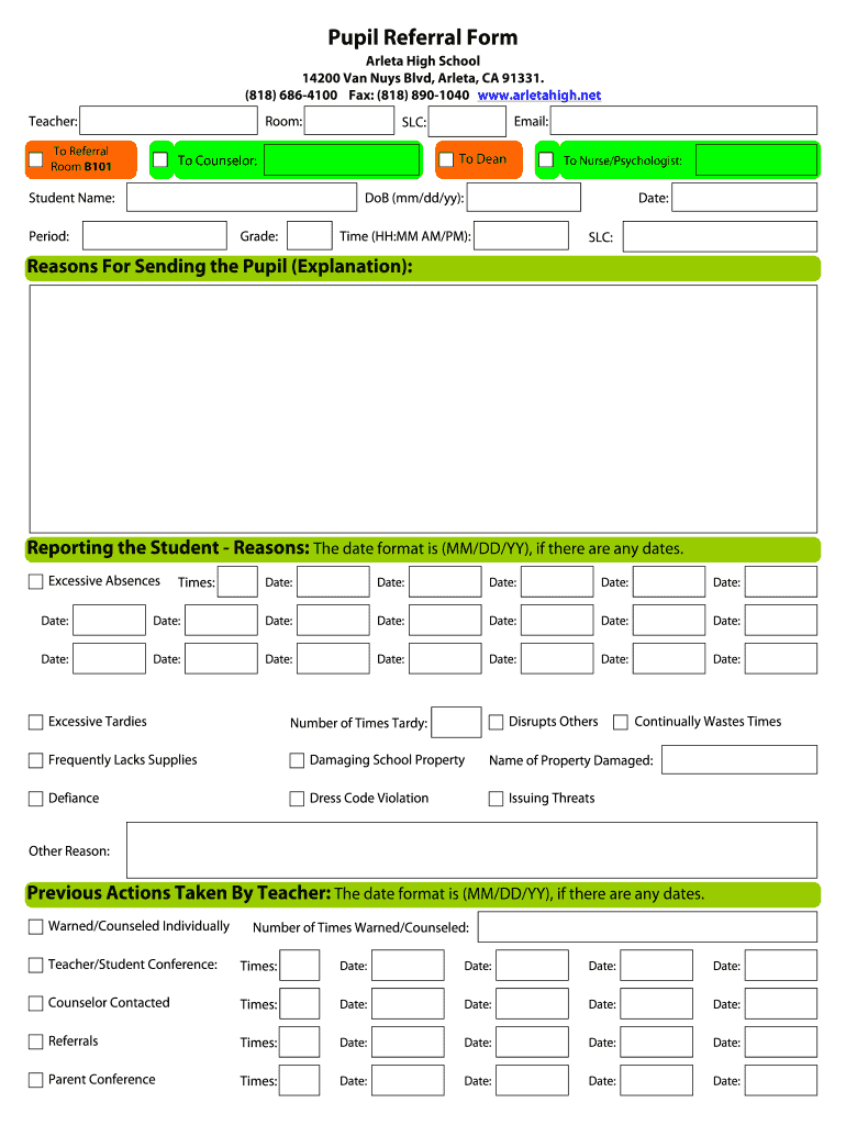 Fillable Online Pupil Referral Form Arleta High School 14200 Van Nuys ...