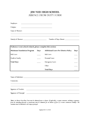 Fillable Online Jim Ned High School ABSENCE FROM DuTY FORM Fax Email ...