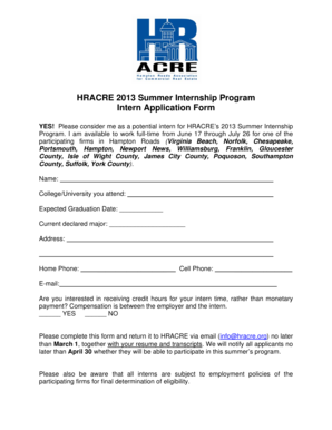 Fillable Online hracre HRACRE 2013 Summer Internship Program Intern ...