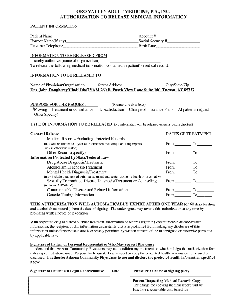 Fillable Online Medical Record Release Form - Oro Valley Adult Medicine ...