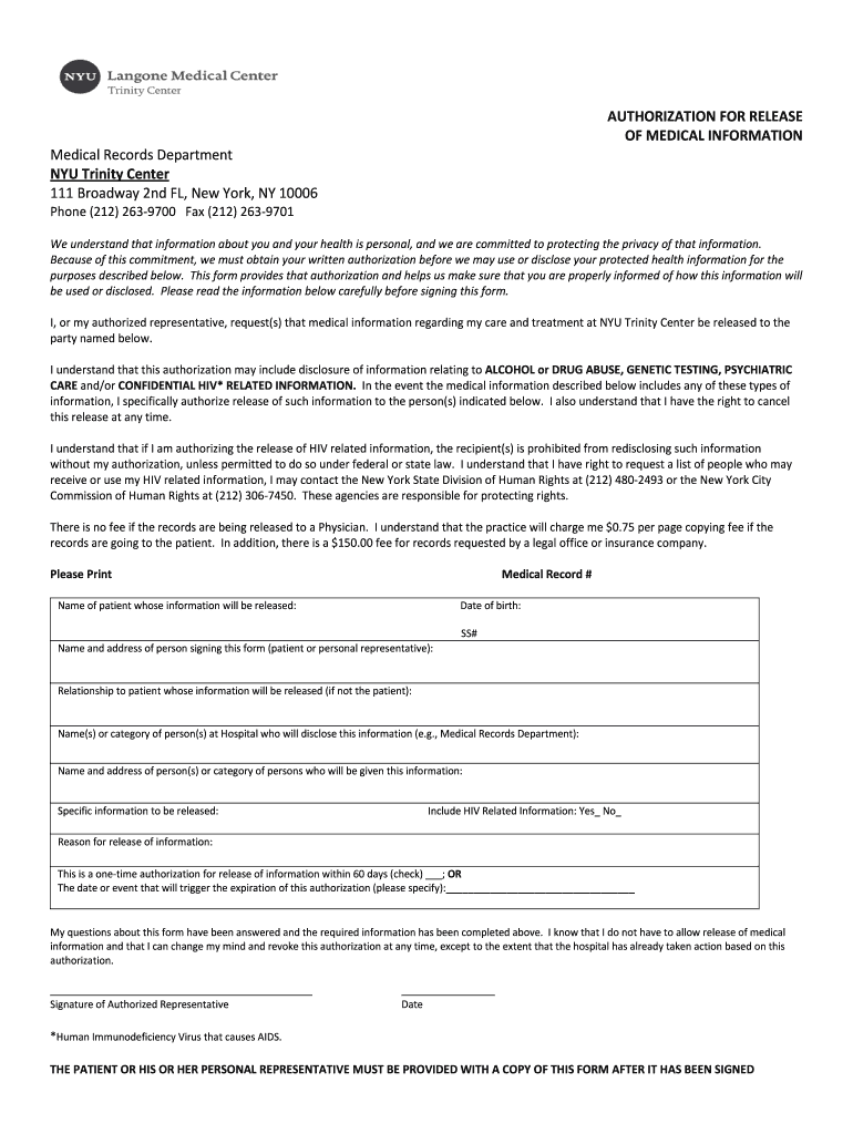 Fillable Online webdoc nyumc AUTHORIZATION FOR bRELEASEb OF bMEDICALb ...