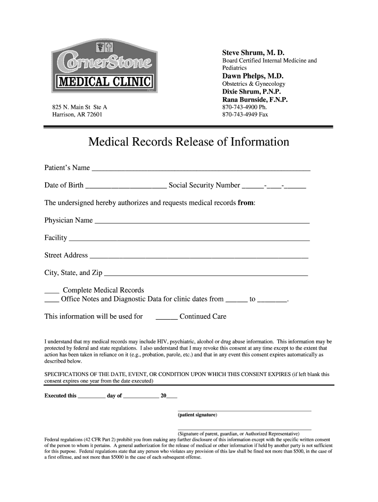 Fillable Online Medical Records Release of Information - Cornerstone ...
