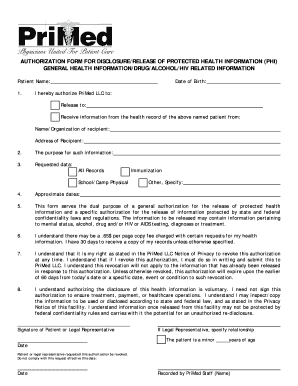 Fillable Online Authorization Form for Disclosure/Release of Protected ... - PRIMED Fax Email ...