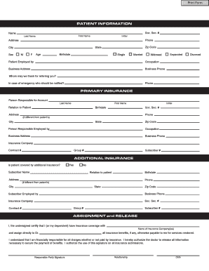 Fillable Online PATIENT INFORMATION PRIMARY INSURANCE ADDITIONAL ...