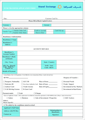 Fillable Online Fund Transfer Applicaton Form - Sharaf Exchange LLC Fax ...