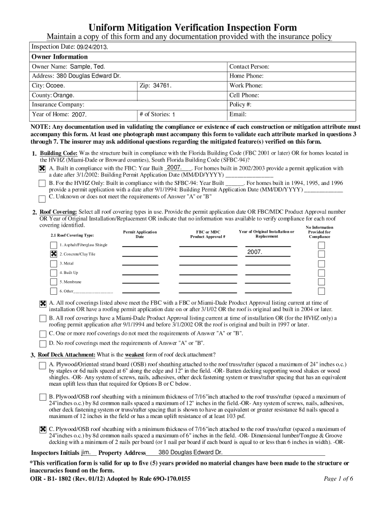 Fillable Online Uniform Mitigation Verification Inspection Form ...