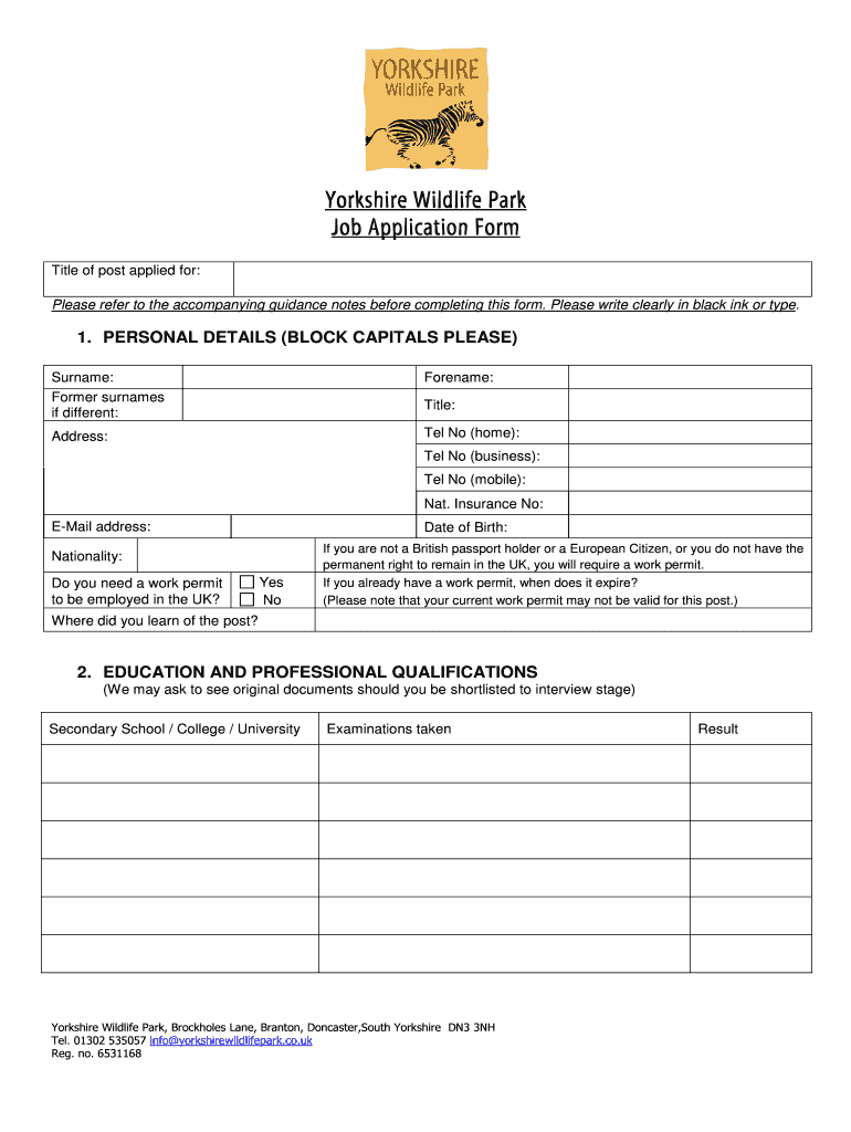 Fillable Online Yorkshire Wildlife Park Job Application Form Fax Email ...