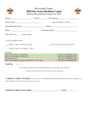 Fillable Online wmascouting 2014 Provisional Boy Scout Camper Form ...