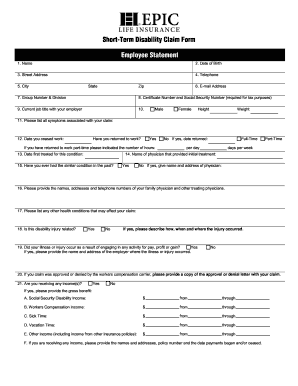 Fillable Online Short Term Disability Claim Form Instructions - EPIC ...